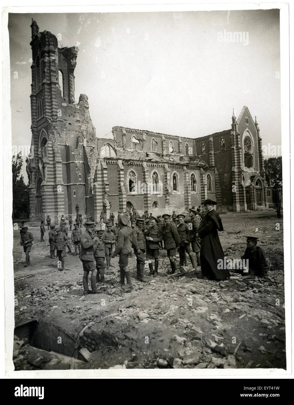 A photograph of a church wrecked by German artillery shells during ...