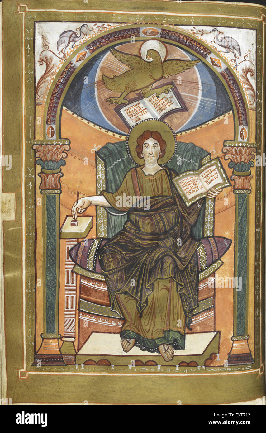 This image shows a miniature portrait of the Evangelist John from the ...