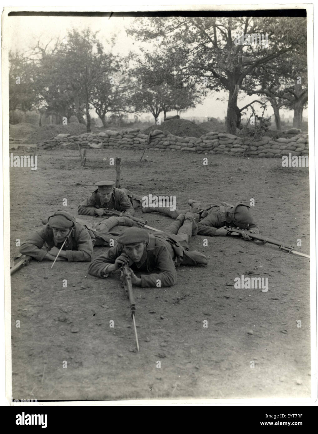 A historical image of a military listening post, showing soldiers in a ...