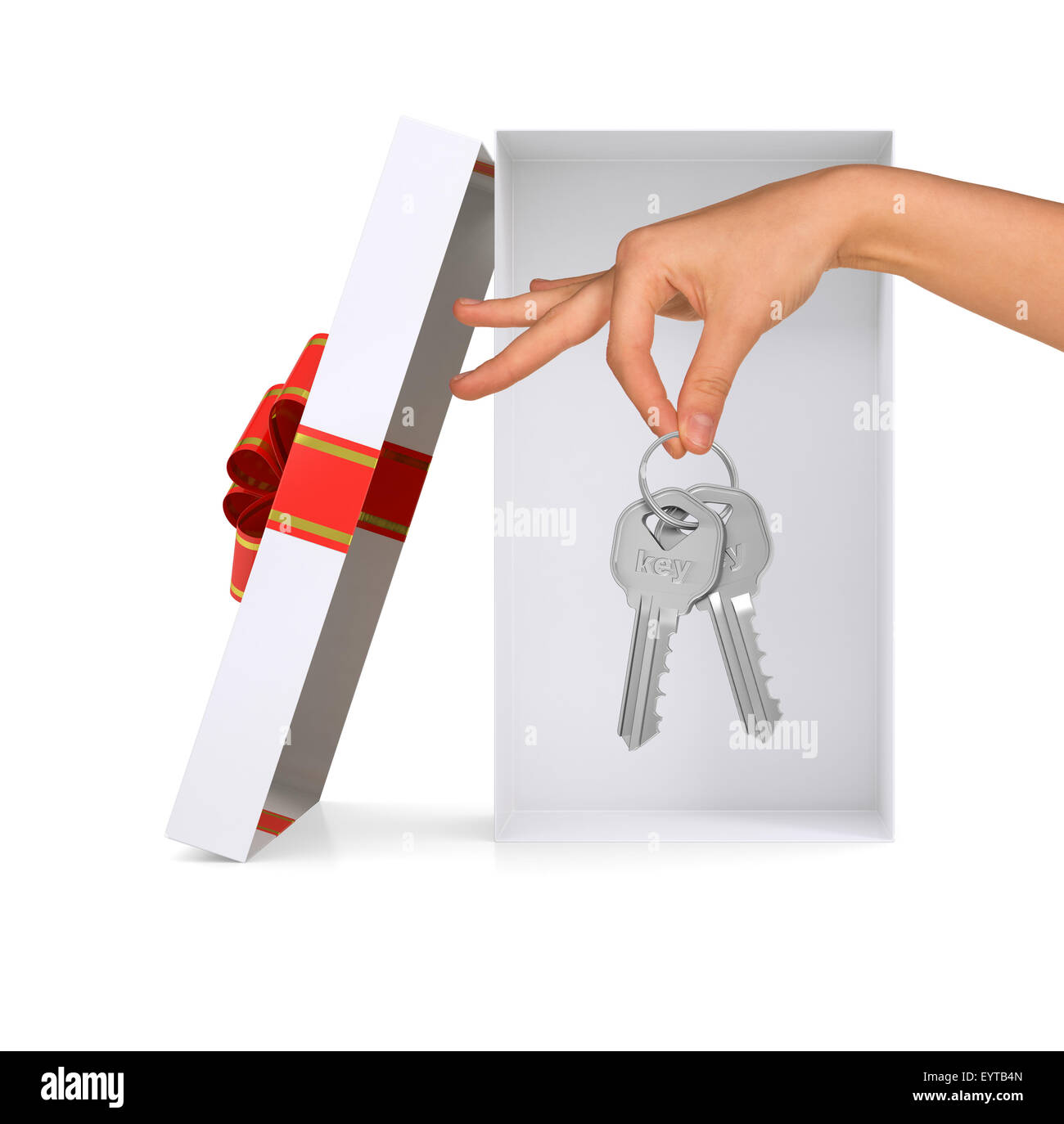 Gift box with hand and keys on white Stock Photo - Alamy