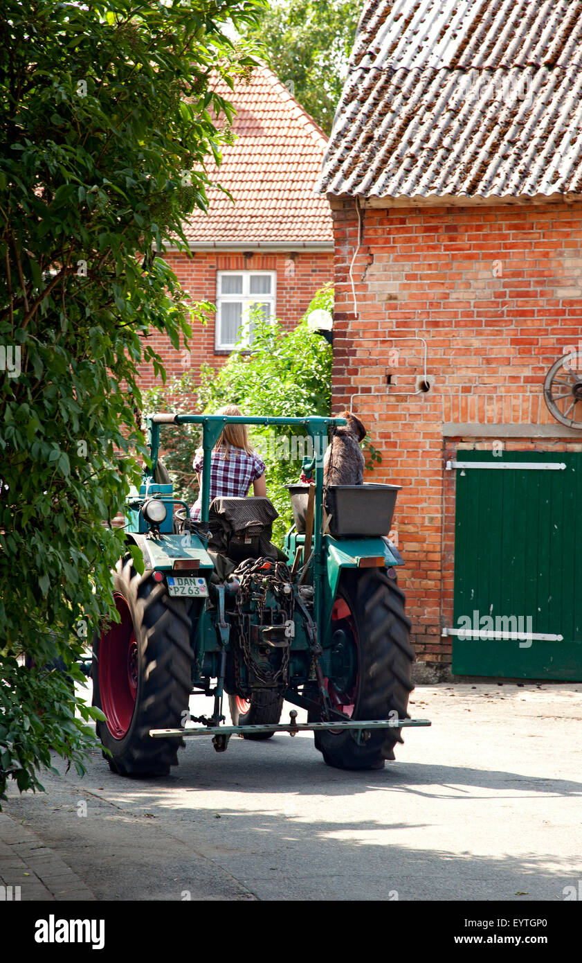 Farm, agriculture, Young woman, tractor Stock Photo - Alamy