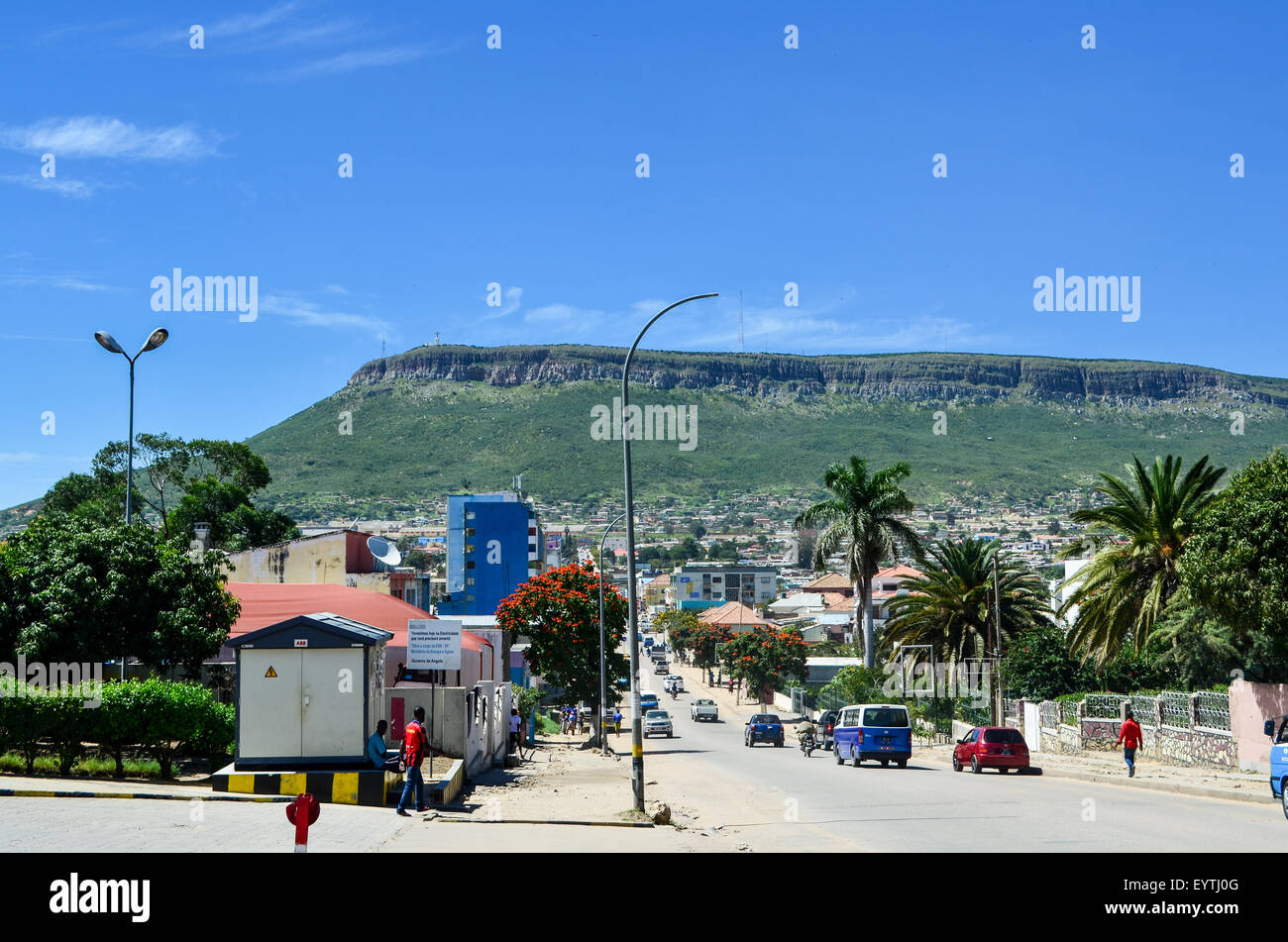 Street view of the city of Lubango, Angola, with mountain and Cristo ...