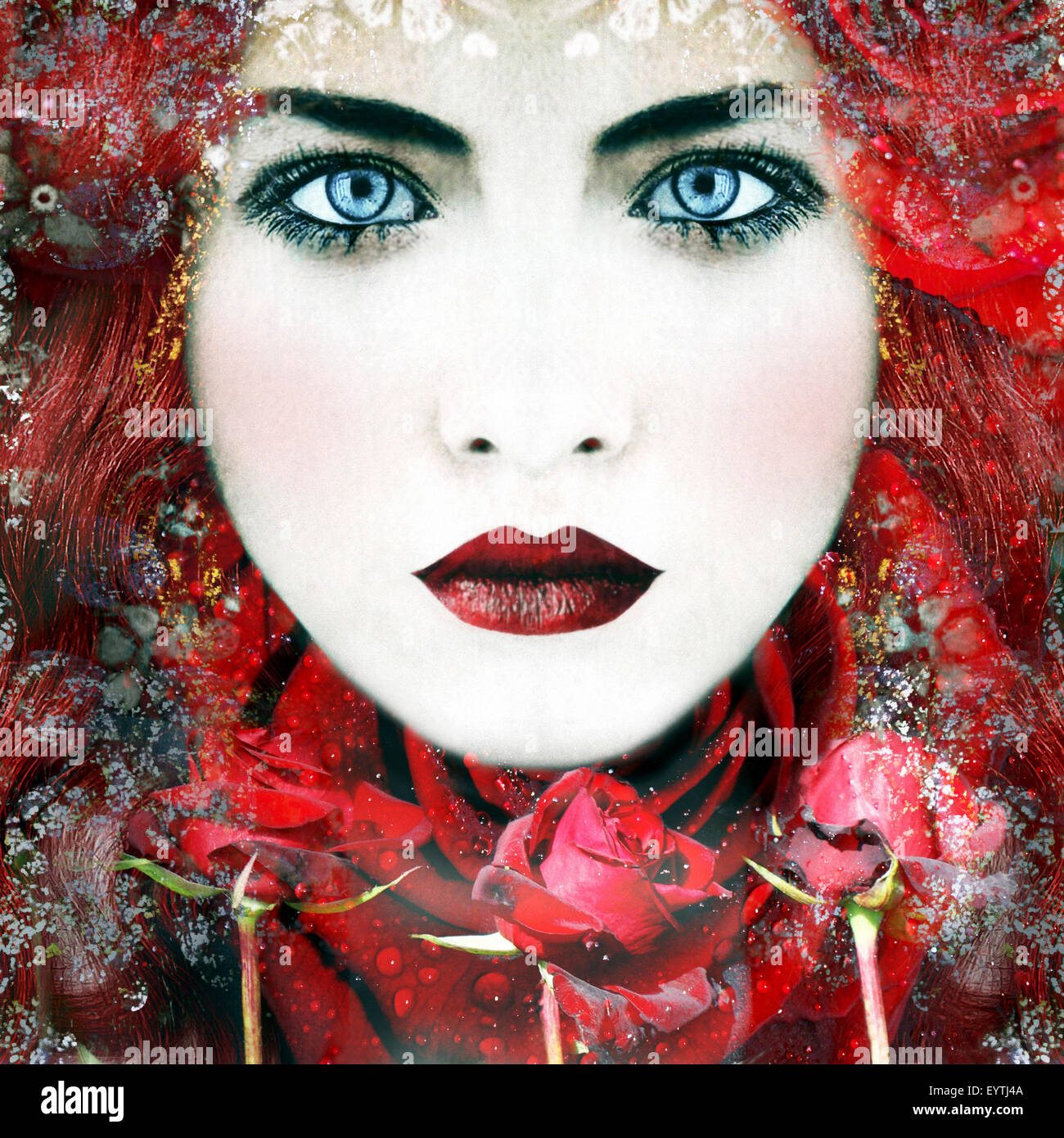 Composing work of a women's portrait with roses Stock Photo - Alamy