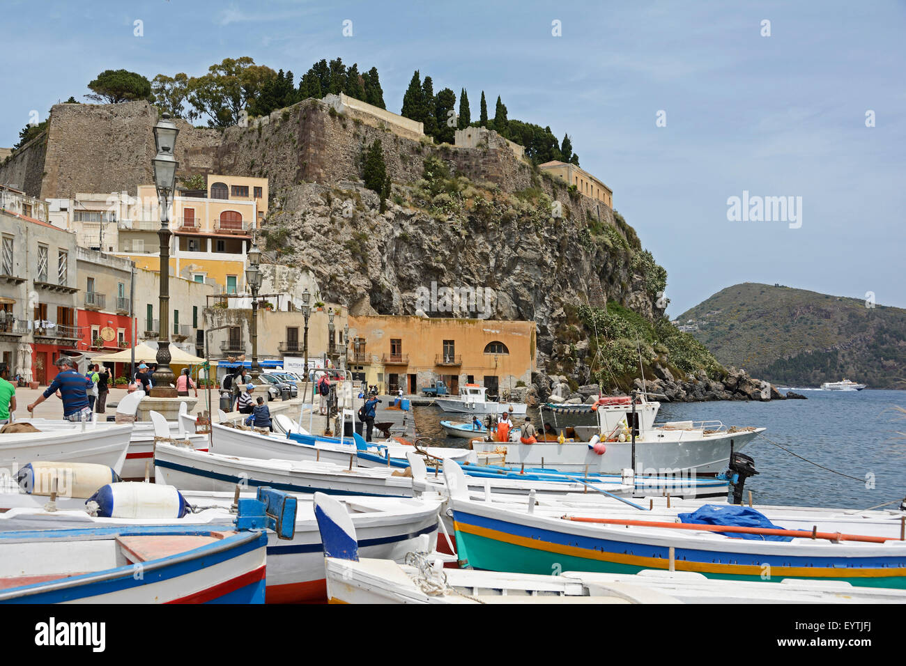 Italy, Lipari, harbour and castle rock Stock Photo - Alamy