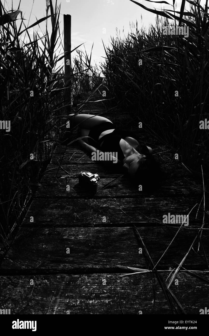 Lakeside, reed, footbridge, lying woman, s/w Stock Photo - Alamy