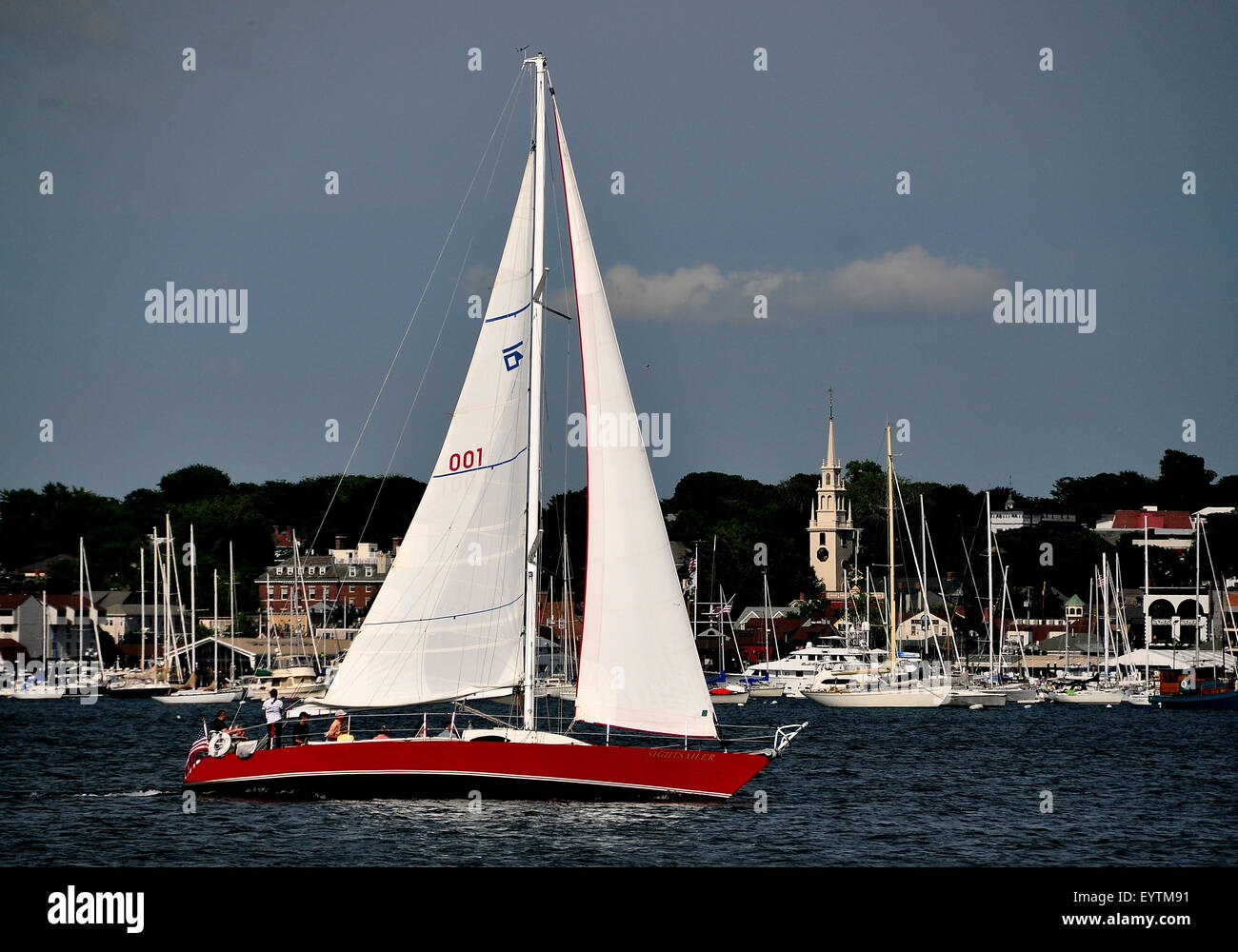 Newport, Rhode Island: Sailing sloop with two open sails crusiing along ...