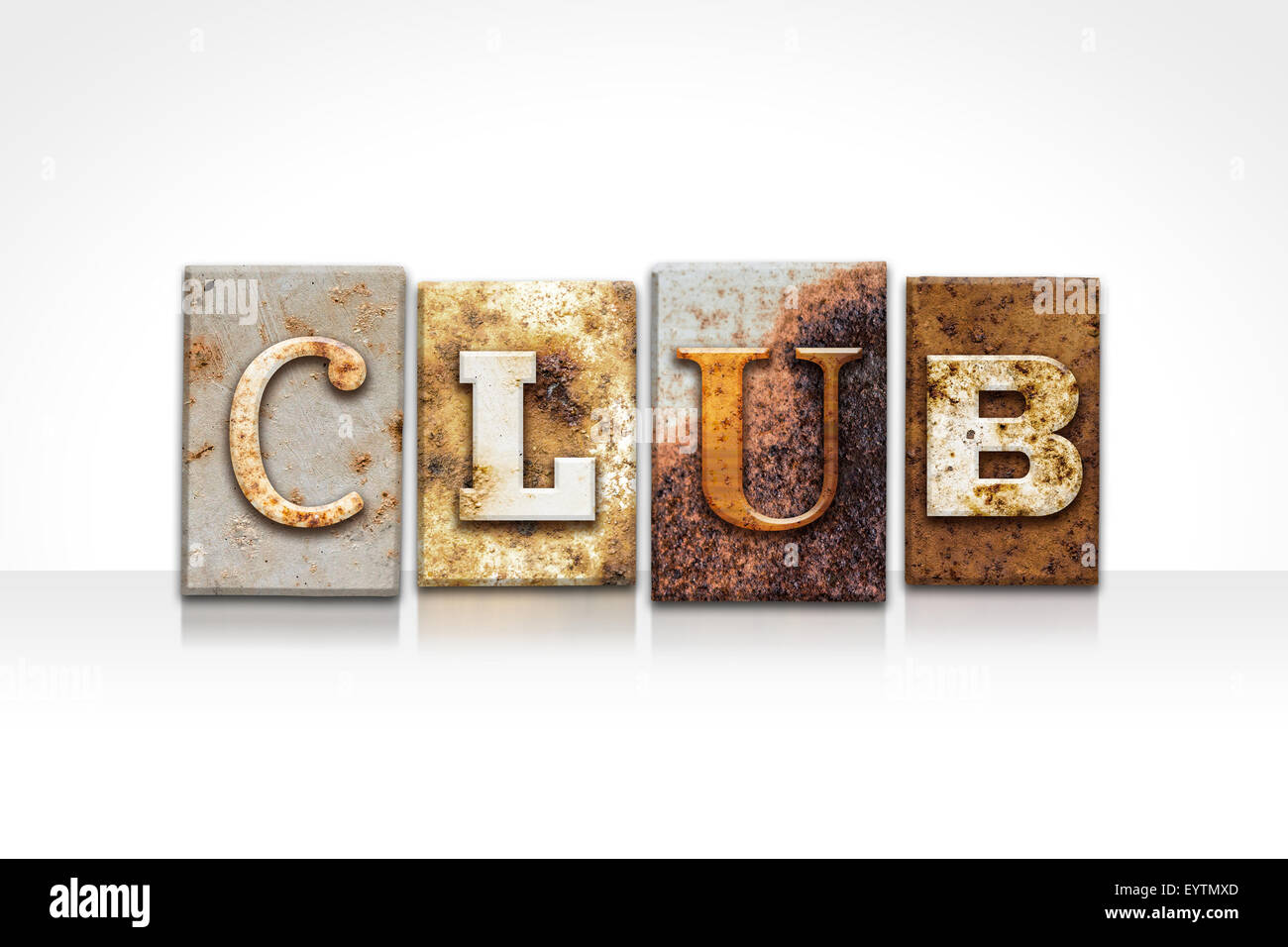 The word "CLUB" written in rusty metal letterpress type isolated on a ...