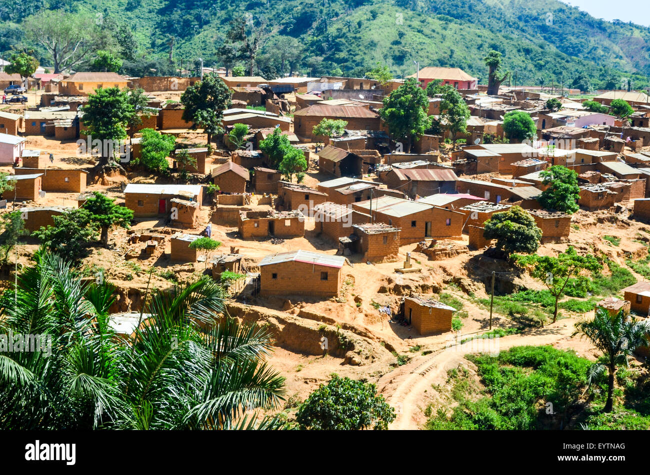 Aerial view of the village of Golungo Alto, Angola, and mud houses ...