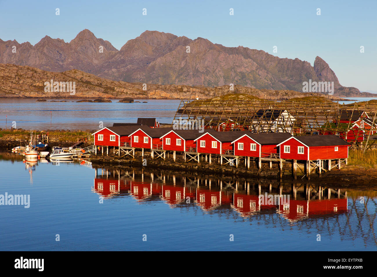 Rorbuer, huts, coast, water, fjord, sundown, Svolvaer, Lofoten, Norway ...