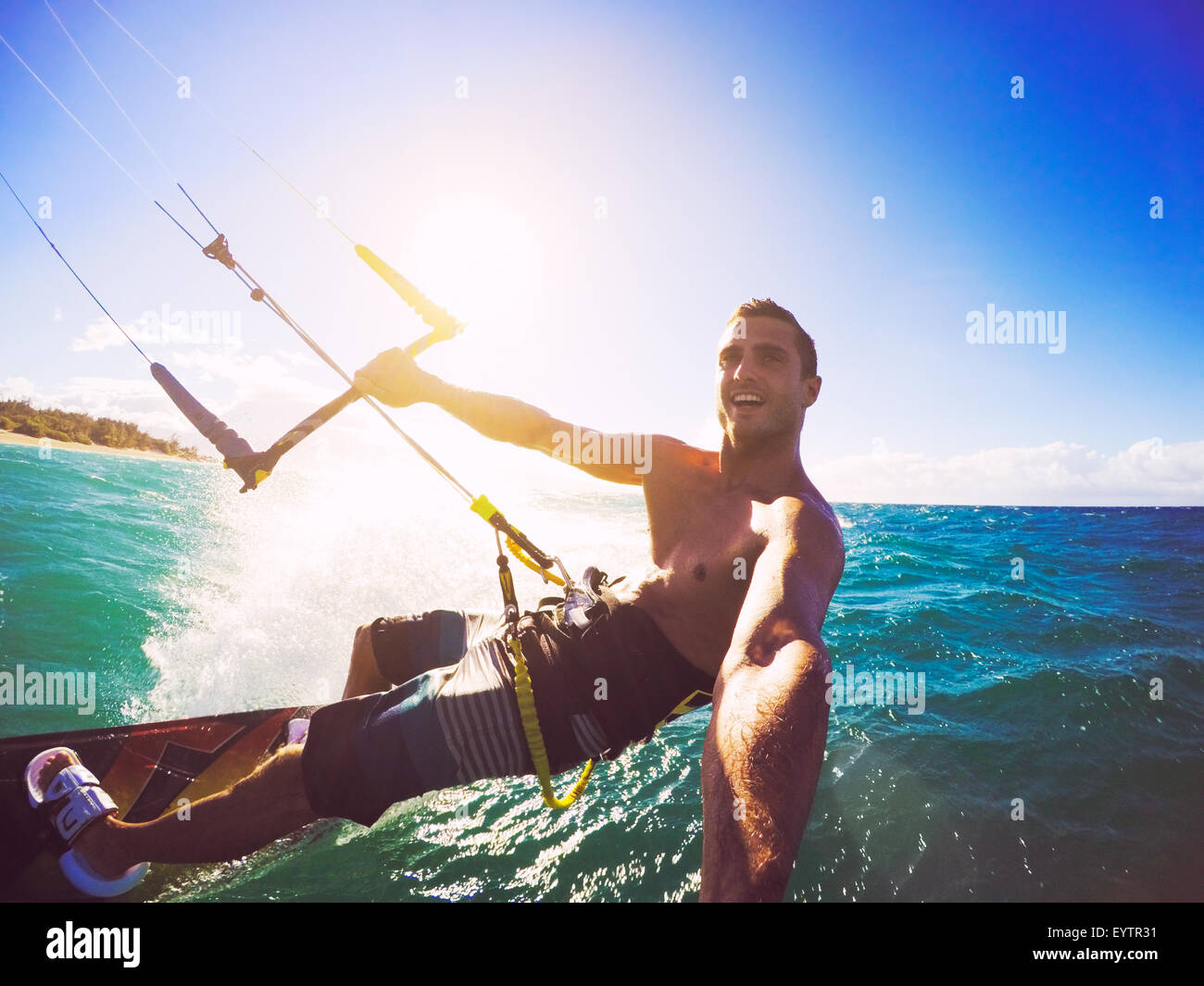 Kiteboarding. Fun in the ocean, Extreme Sport Kitesurfing. POV Angle ...