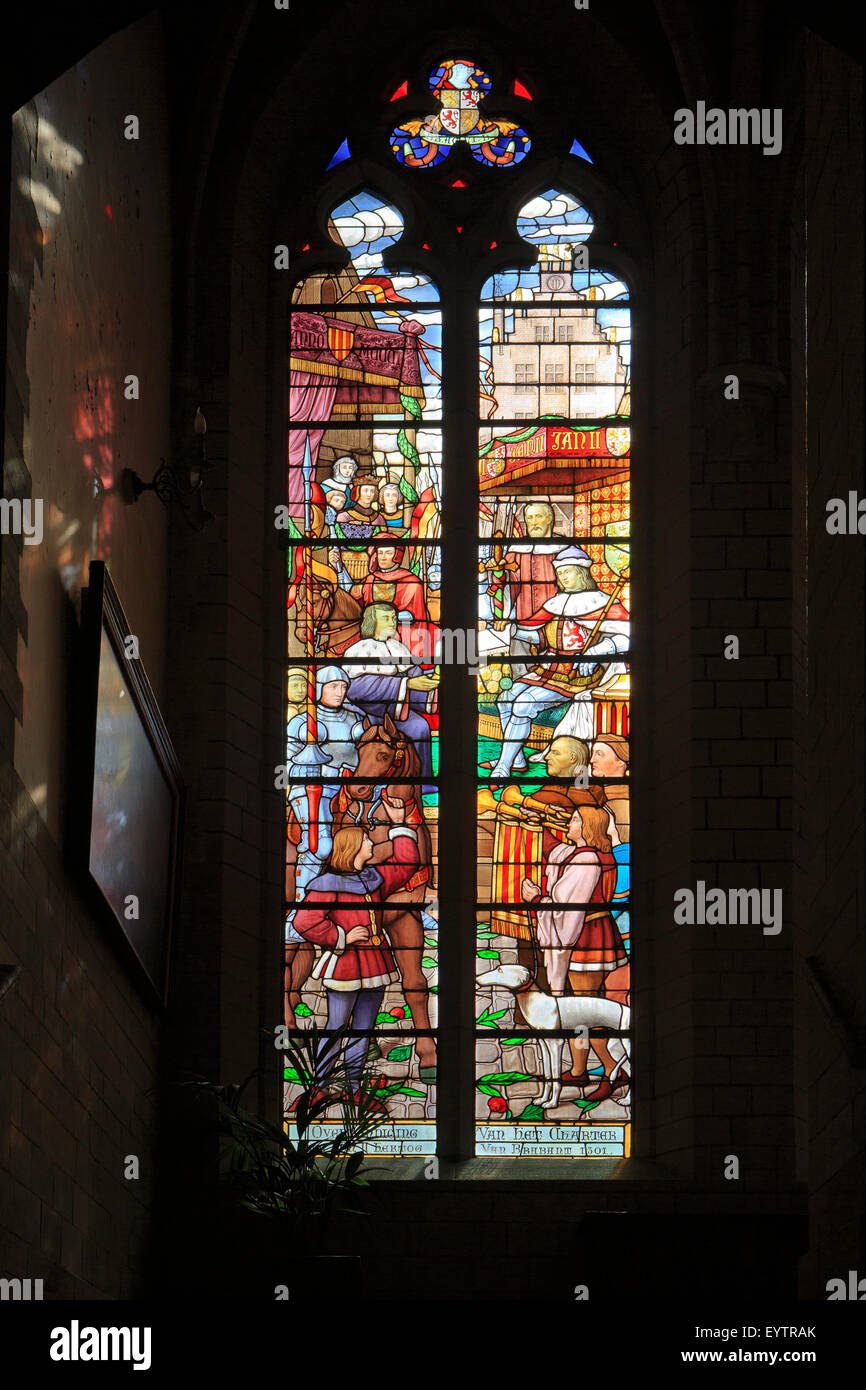 Stained glass window depicting John II, Duke of Brabant and his court ...
