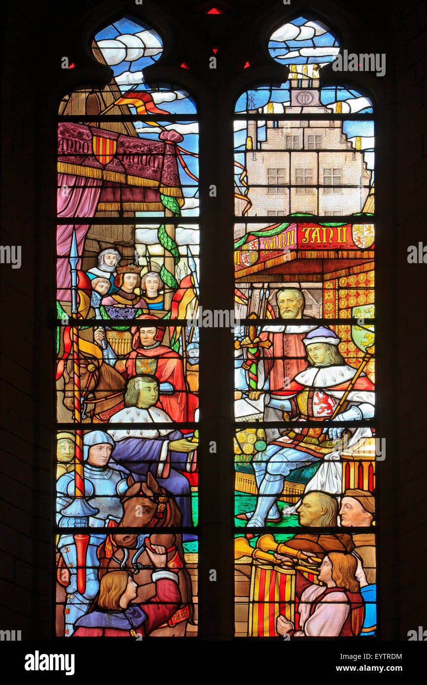 Stained glass window depicting John II, Duke of Brabant and his court ...