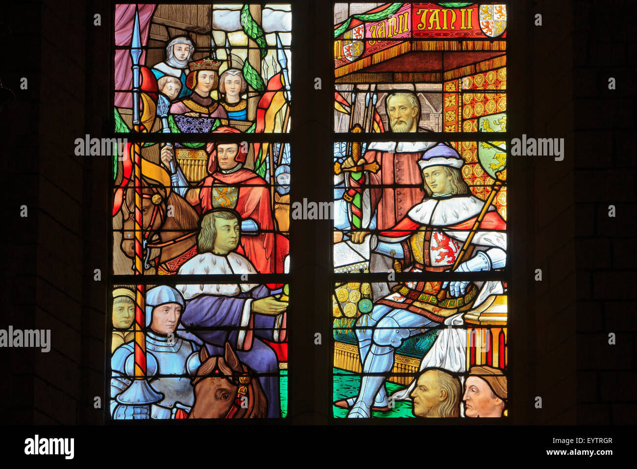Stained glass window depicting John II, Duke of Brabant and his court ...