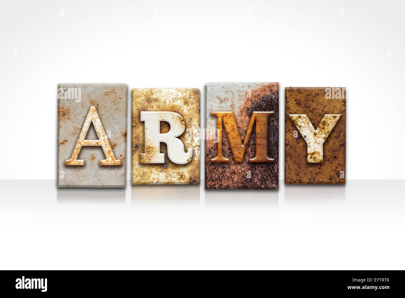The word "ARMY" written in rusty metal letterpress type isolated on a ...