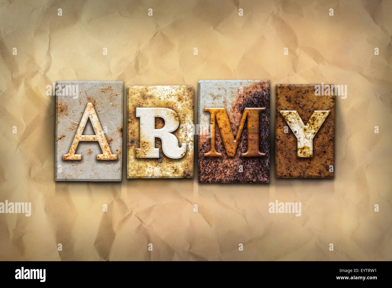 The word "ARMY" written in rusty metal letterpress type on a crumbled ...