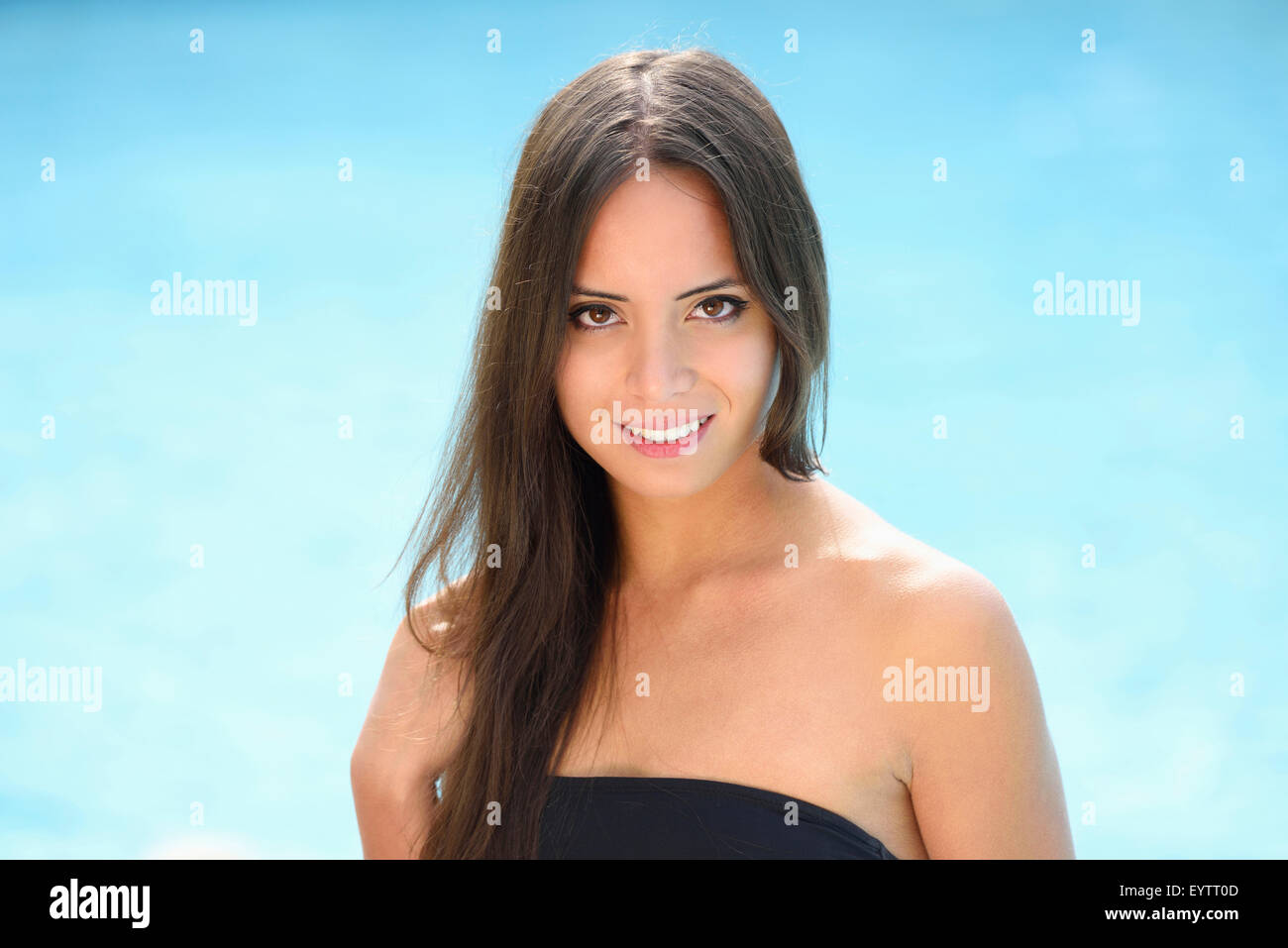 Woman, young, half portrait, Monokini, outdoor swimming pool, head-on ...