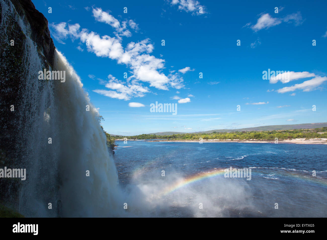 Beautiful Waterfall and a rainbow in the Canaima Lagoon, Canaima ...