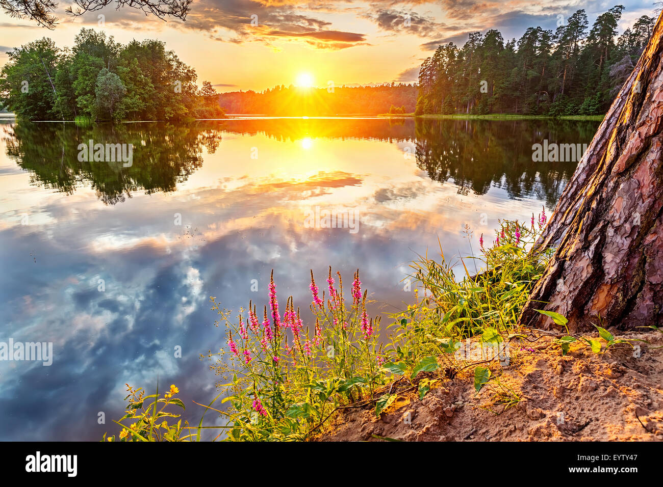 Beautiful sunset over lake Stock Photo - Alamy