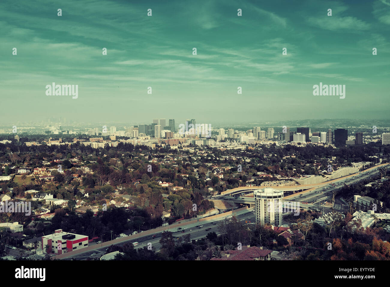 Los Angeles downtown view with highway and urban architectures Stock ...