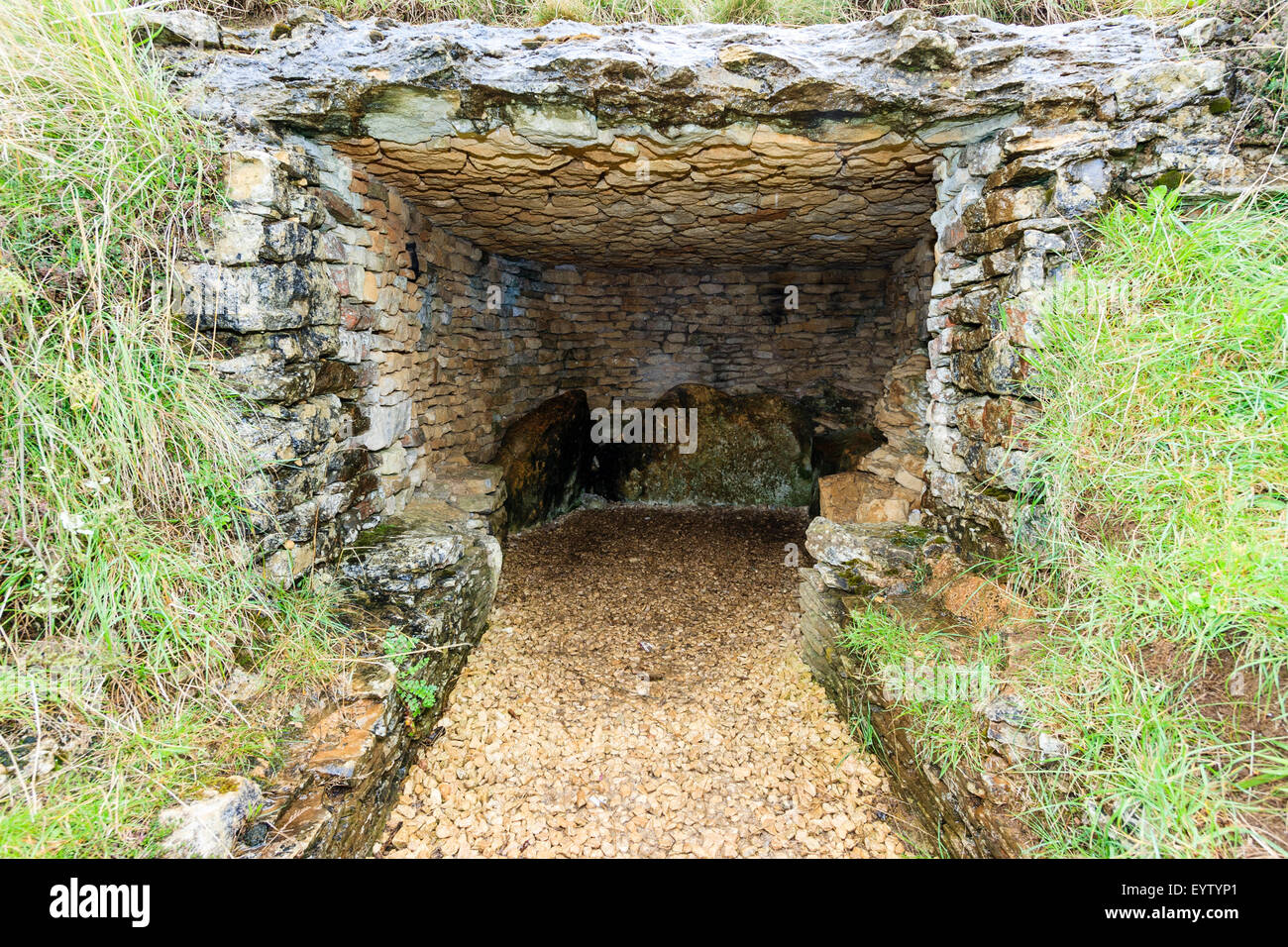 England, Belas Knap. Entrance to the neolithic Long Barrow. A burial ...