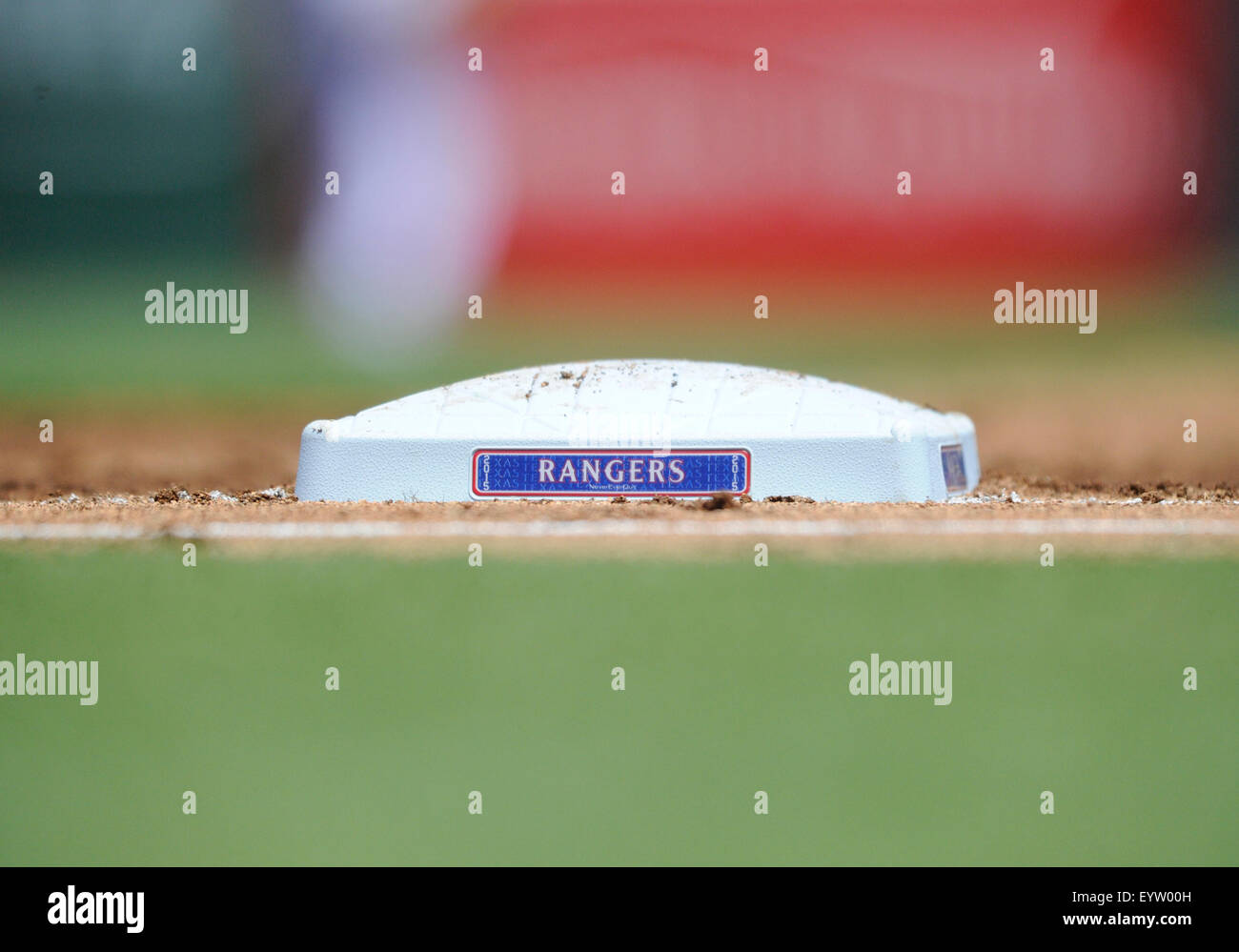 AUG 02, 2015: The Texas Rangers bases were a light blue color during an ...