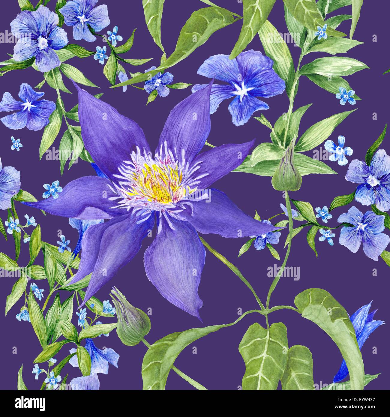 Watercolor seamless texture with garden flowers - periwinkle and ...