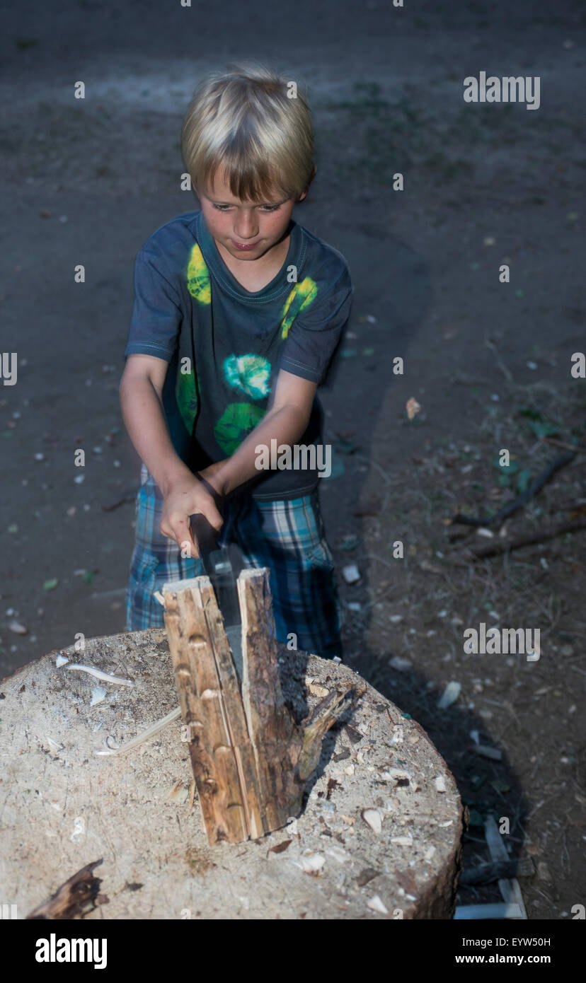 Child boy chopping wood alone, Splitting Logs Stock Photo - Alamy