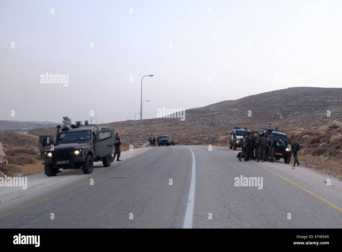 Israeli soldiers on a patrol in highway 60 a south-north intercity road ...