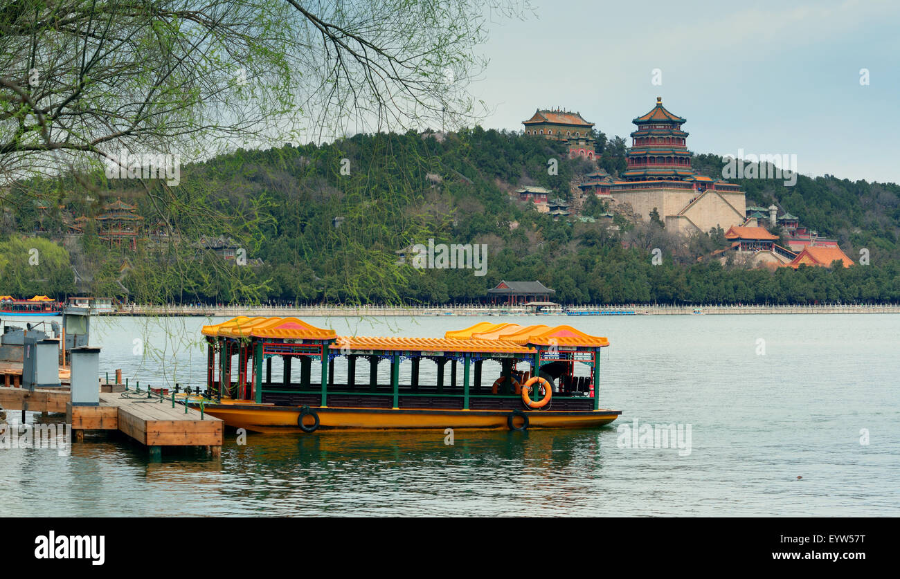 Summer Palace with historical architecture and boat in Beijing Stock ...