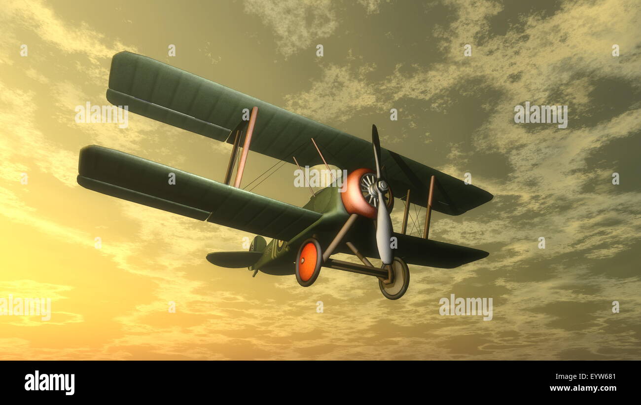 Biplane flying in the sky by sunset - 3D render Stock Photo - Alamy