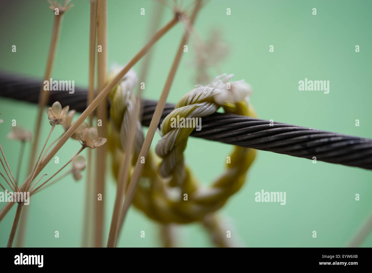 A washing line tied round a cable on a balcony Stock Photo - Alamy