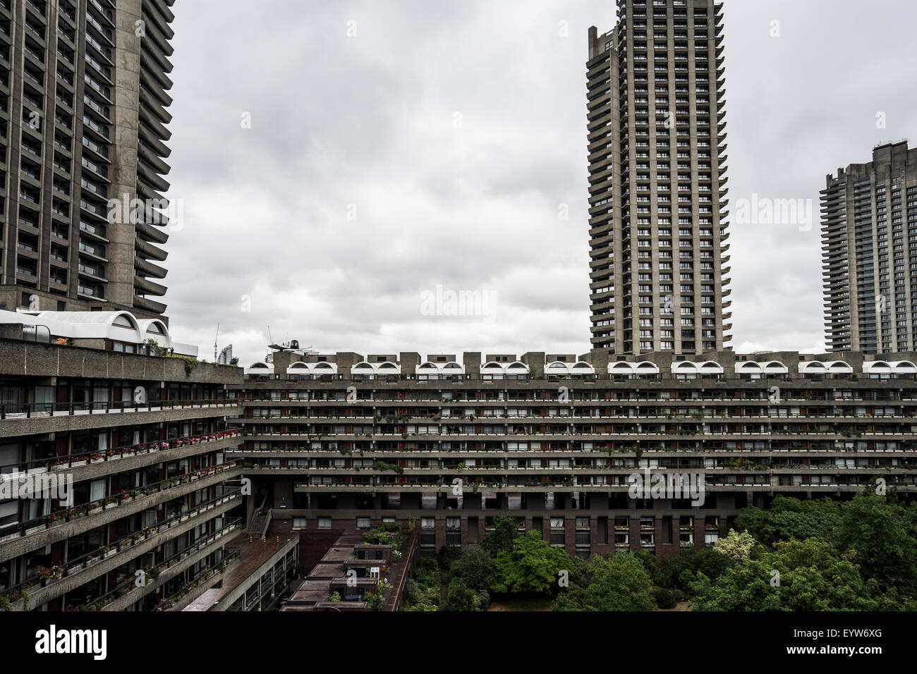 The Barbican complex in London with towers in the background Stock ...