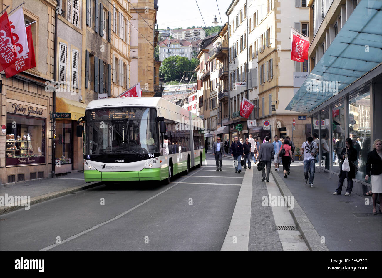 A modern trolleybus in Rue du Seyon, in the centre of Neuchatel ...