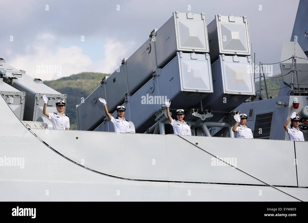 Sanya. 4th Aug, 2015. Female Chinese Navy soldiers wave to farewell at ...