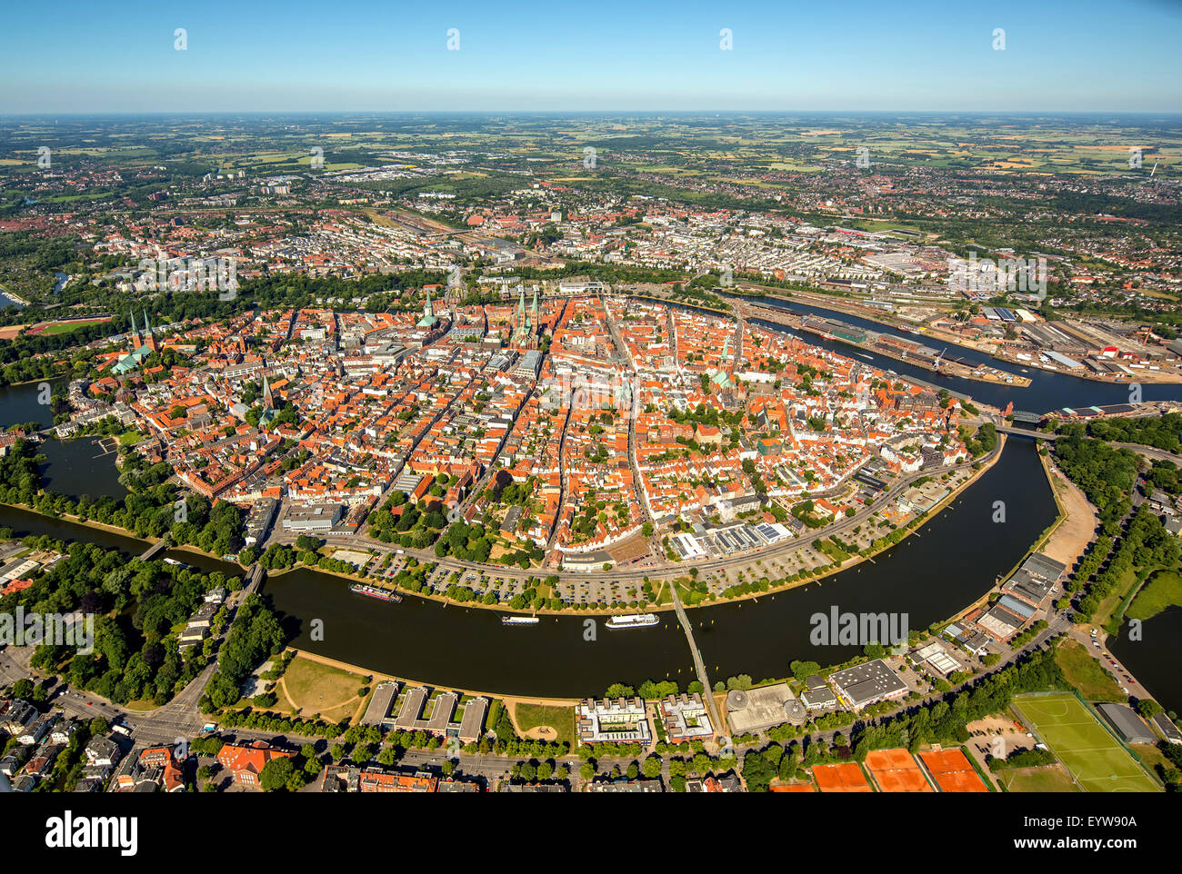 Historic centre of Lübeck with Trave and Obertrave, Bay of Lübeck ...