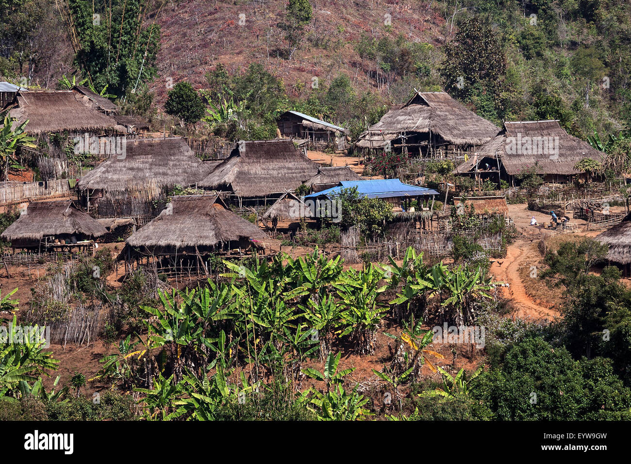 Typical thatched huts in a mountain village of the Ann tribe, at Pin ...