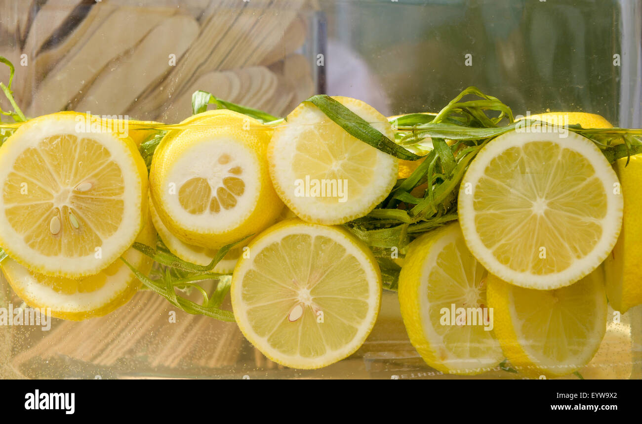 cold fresh lemonade with slices of lemon closeup Stock Photo - Alamy