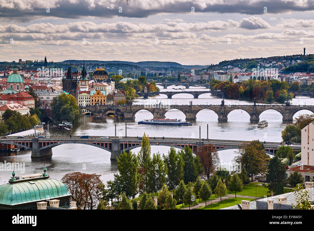 Bridges over the Vltava river and historic centre, Prague, Czech ...