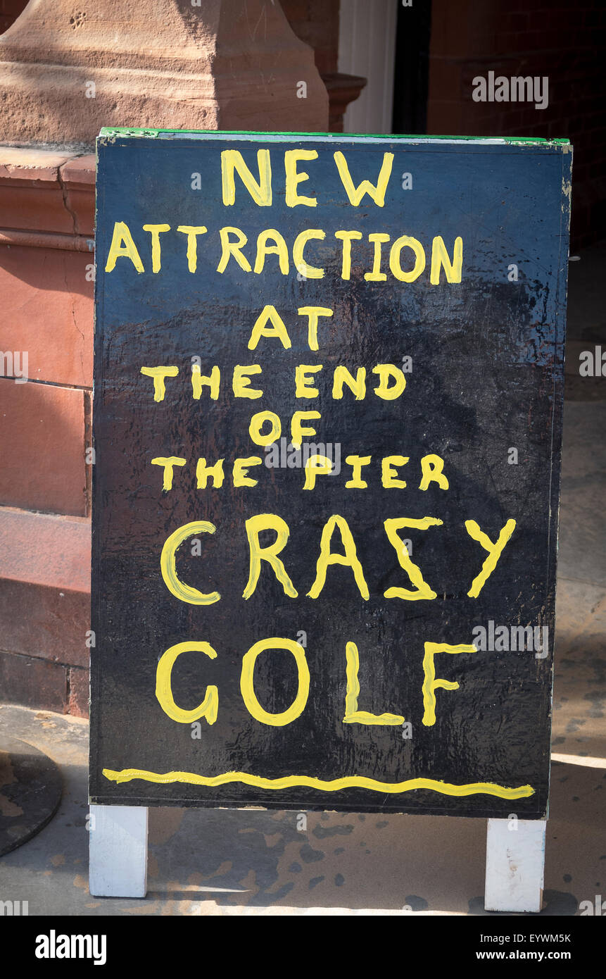 Notice at entrance to Lytham pier advertising Crazy Golf attraction for ...