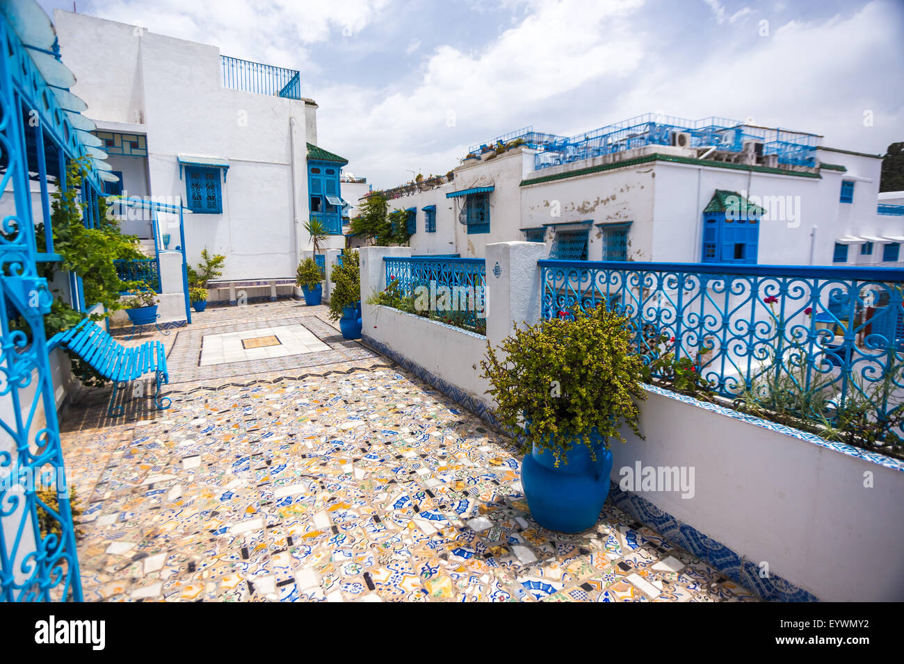 Sidi Bou Said - typical building with white walls, blue doors and ...
