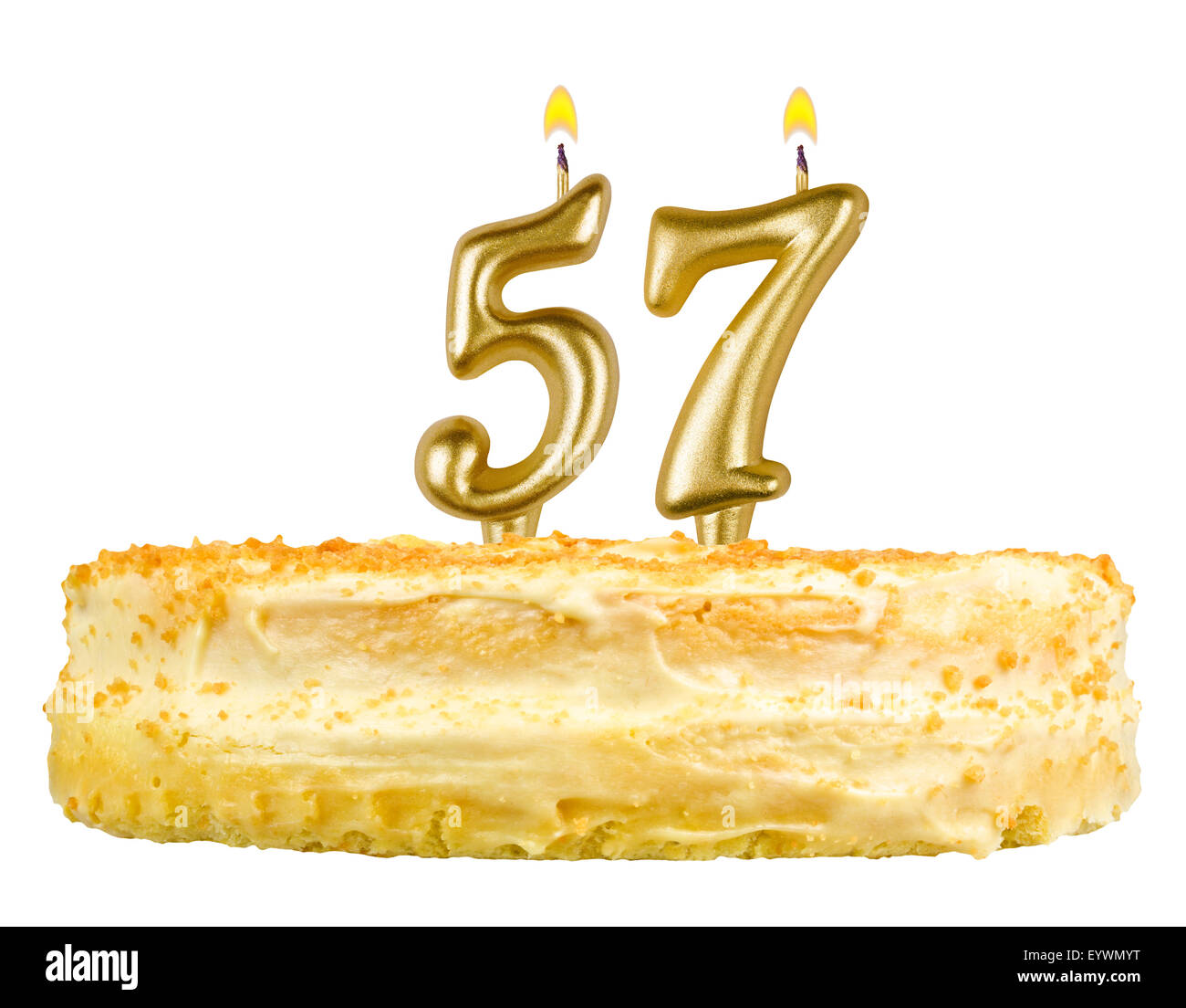 birthday cake with candles number fifty seven isolated on white ...