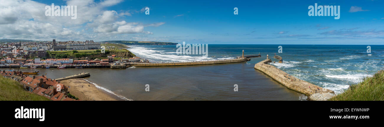Panoramic view of Whitby harbour and piers shot from St Mary's church ...