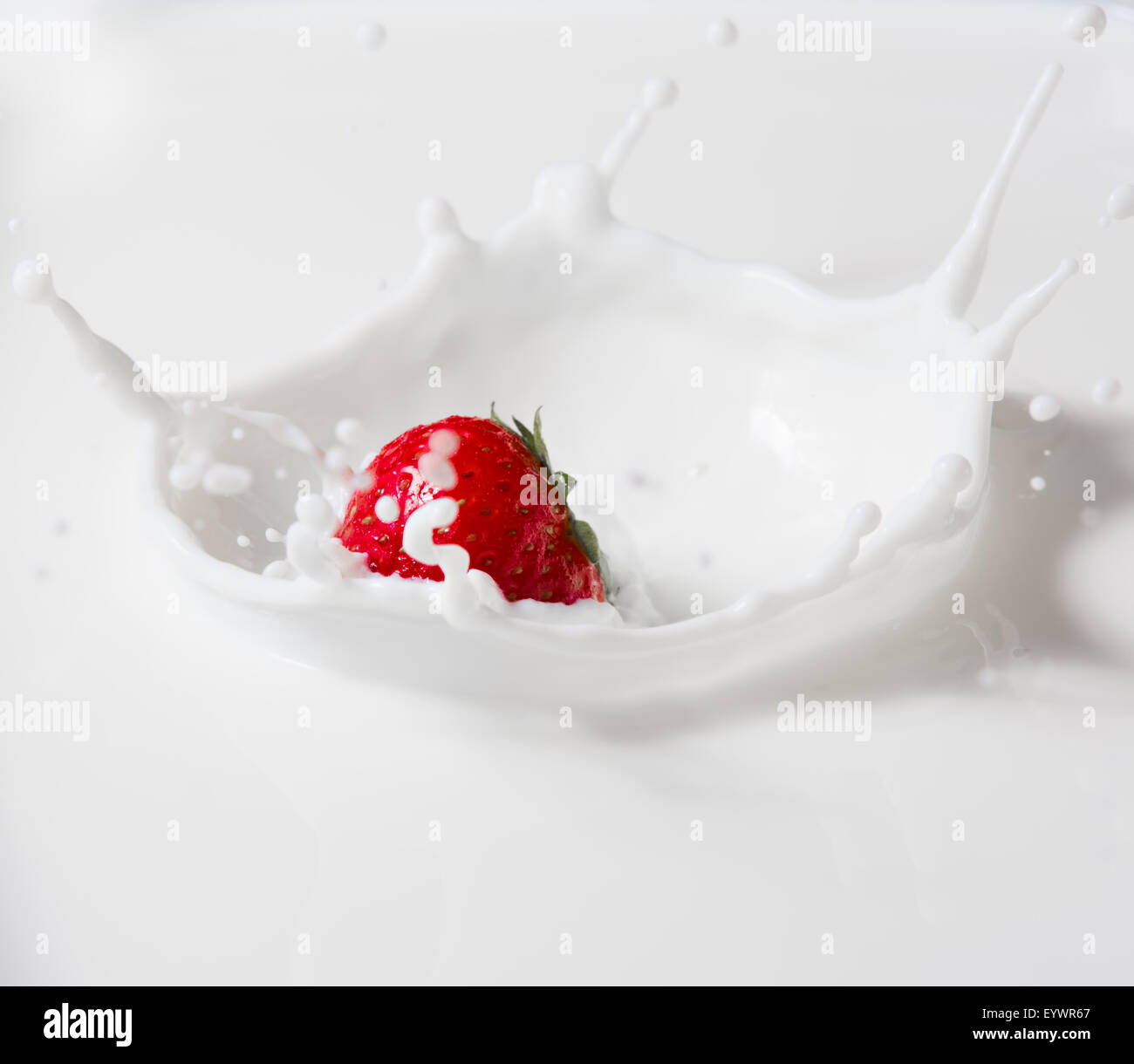 Red strawberry falling into white milk creating splash Stock Photo - Alamy