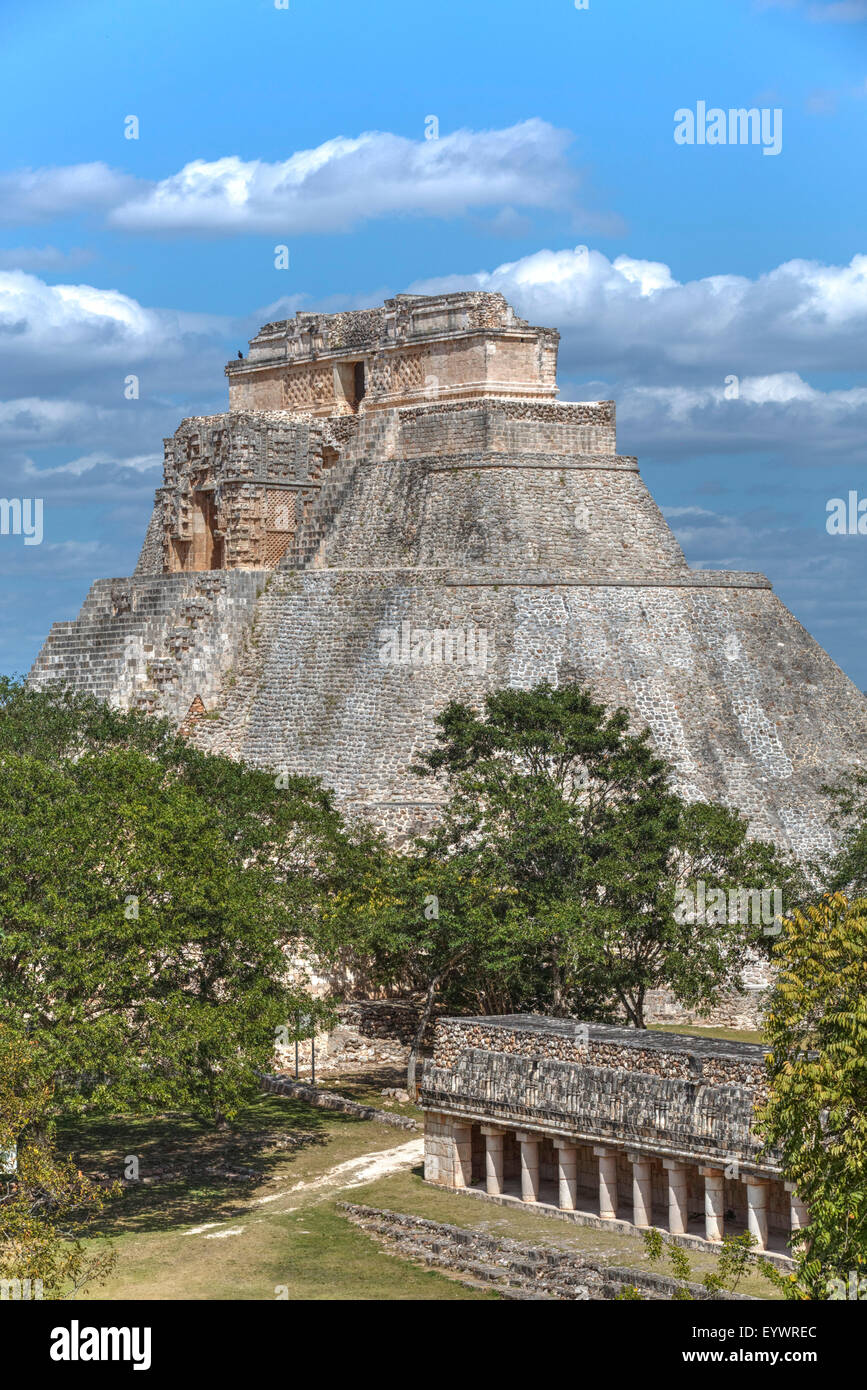 Columns Building and Pyramid of the Magician beyond, Uxmal, Mayan ...