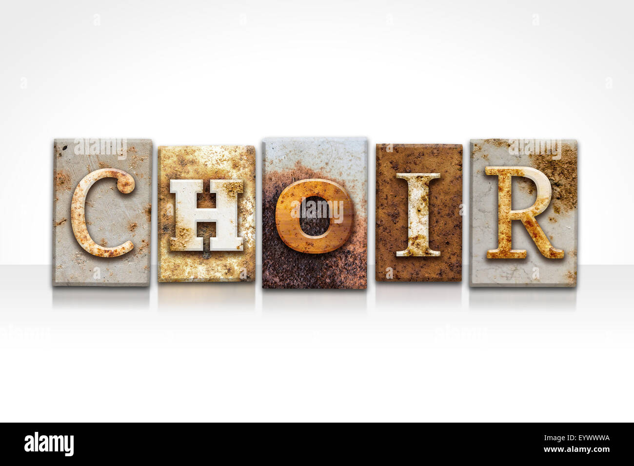 The word "CHOIR" written in rusty metal letterpress type isolated on a ...
