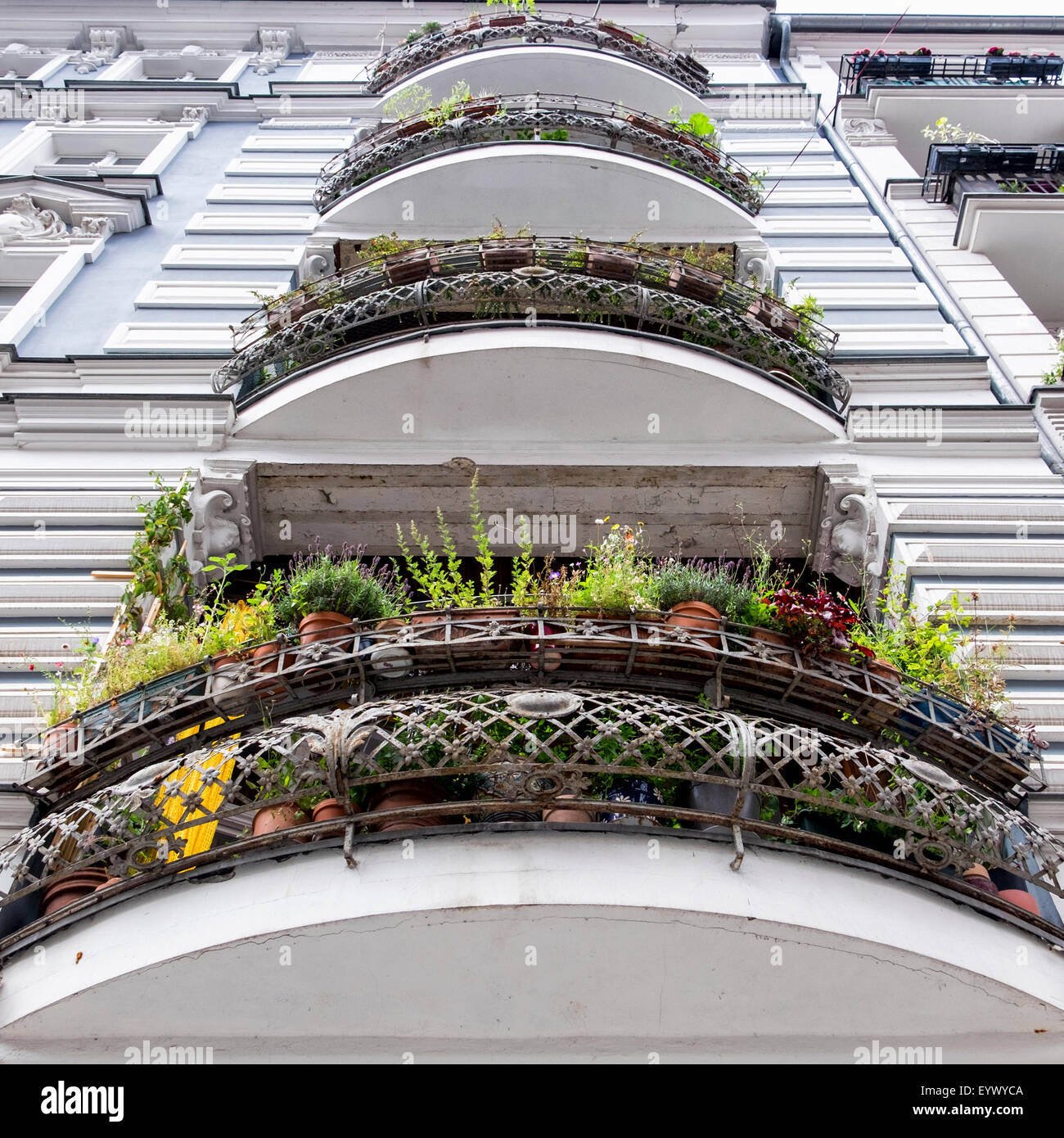 Berlin residential street - Ornate Iron balconies of apartment building ...