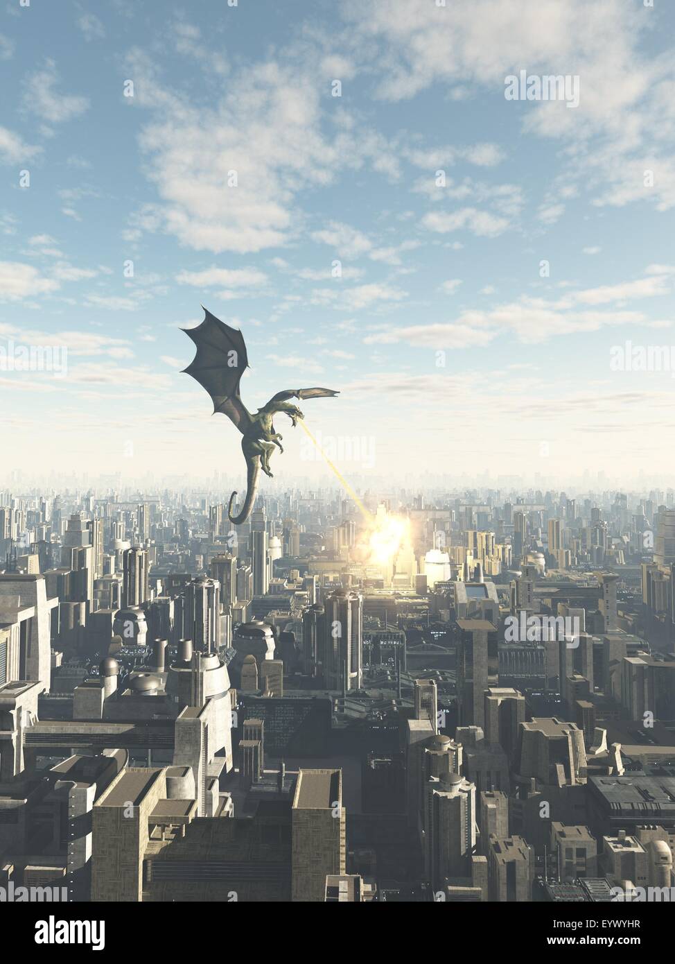Dragon Attacking a Future City Stock Photo - Alamy