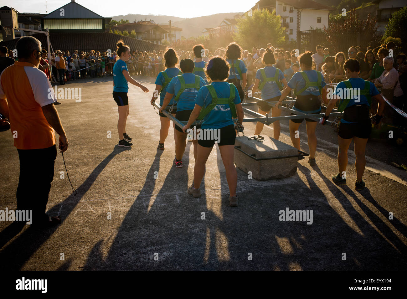 A group of women ready for dragging a stone in the village of Bera de ...