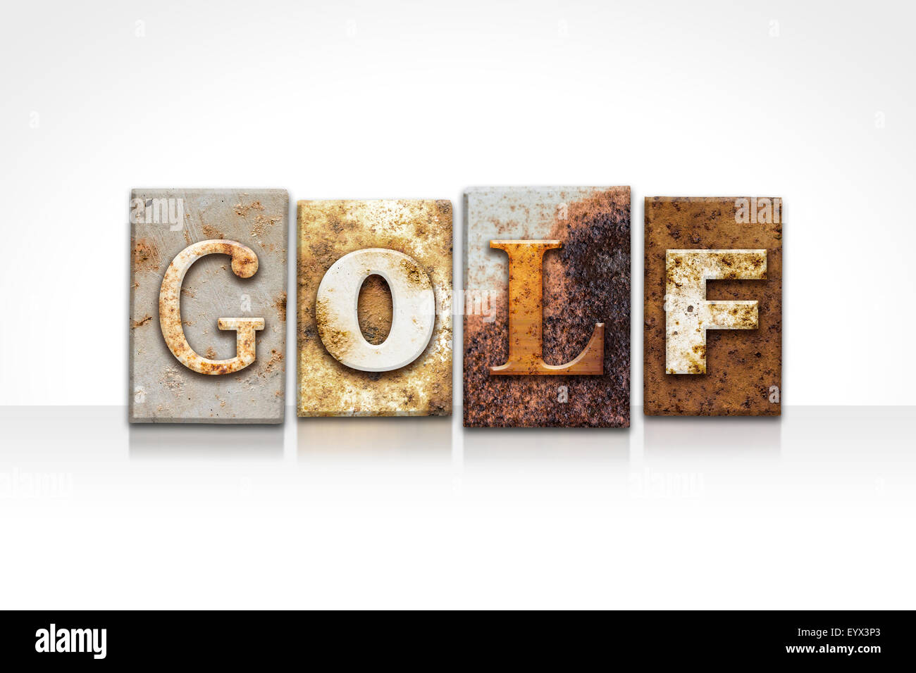 The word "GOLF" written in rusty metal letterpress type isolated on a ...