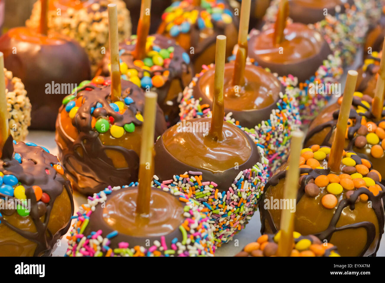Tray of assorted variety of candy apples at state fair Stock Photo - Alamy